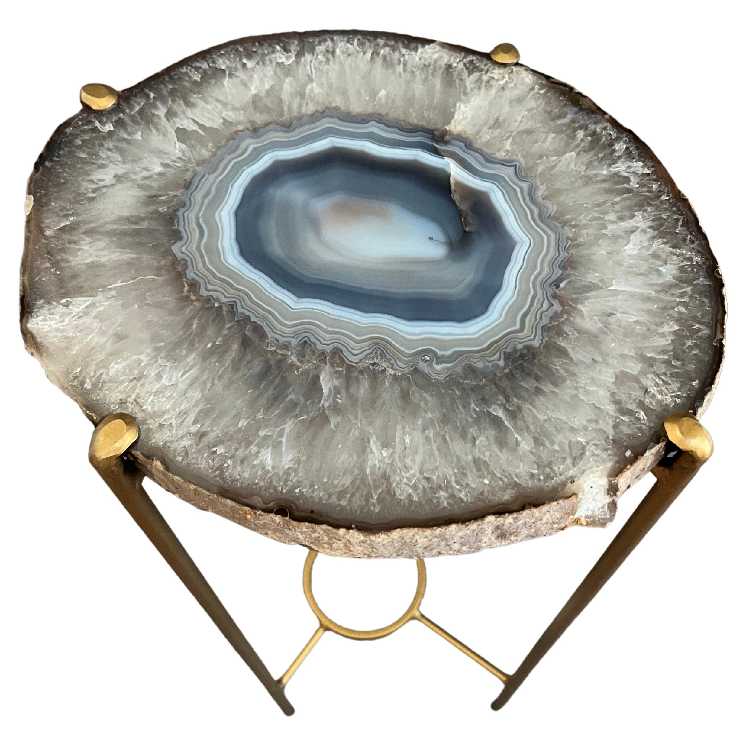 Organic Modern Blue White Gray Geode Drink Table with Gold Gilt Base at ...
