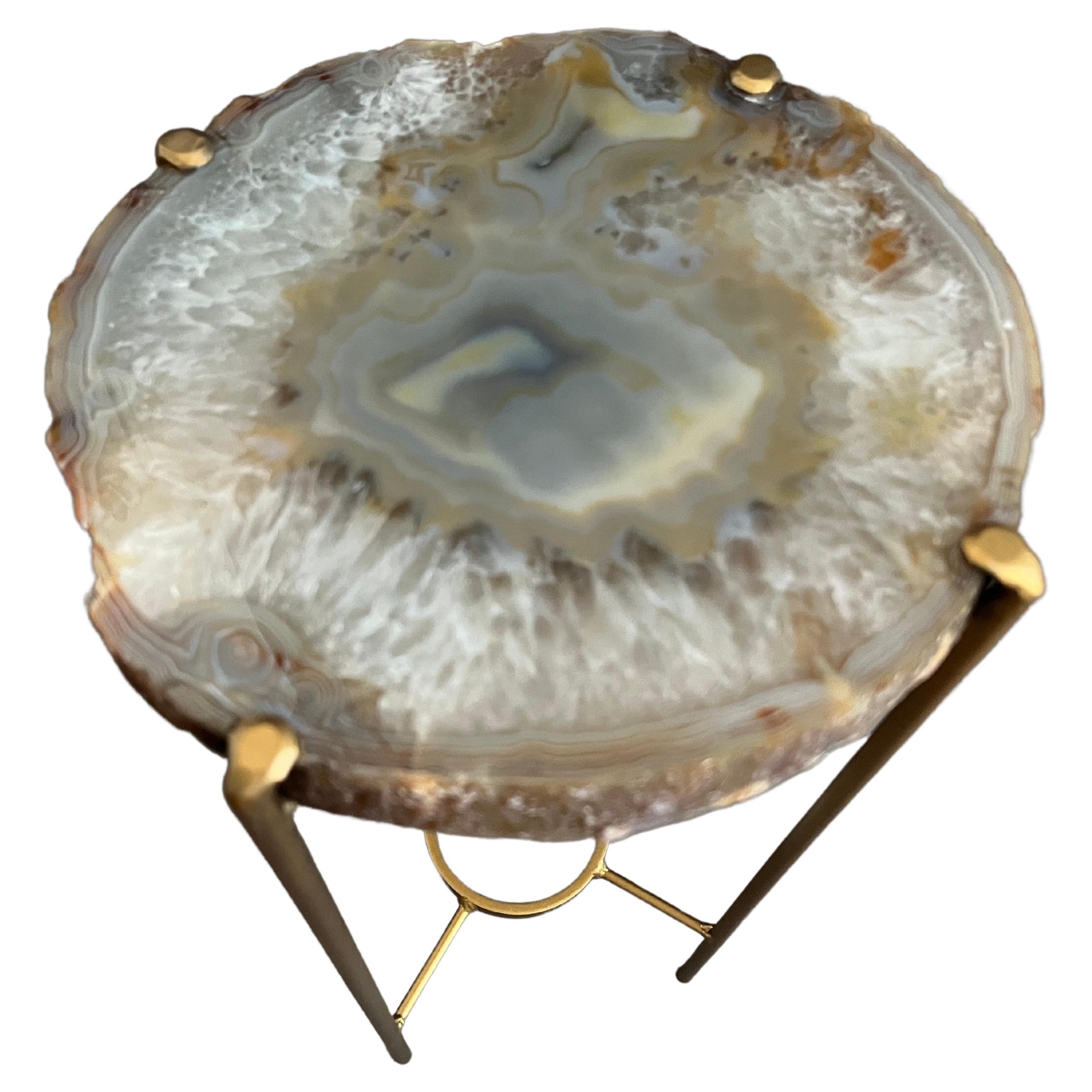 Organic Modern White with Dark Gray Edge Geode Table with Gold Gilt ...