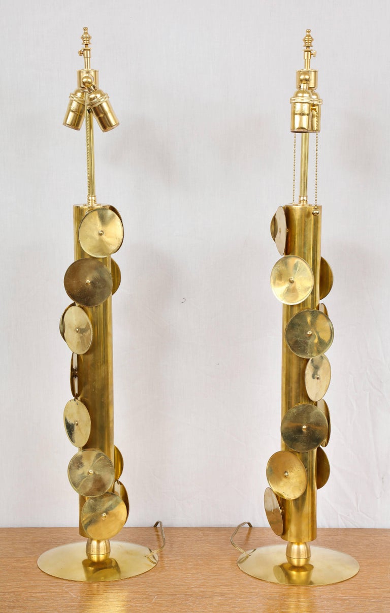 Pair of Custom Brass Lamps with Circular Brass Discs For Sale at 1stDibs
