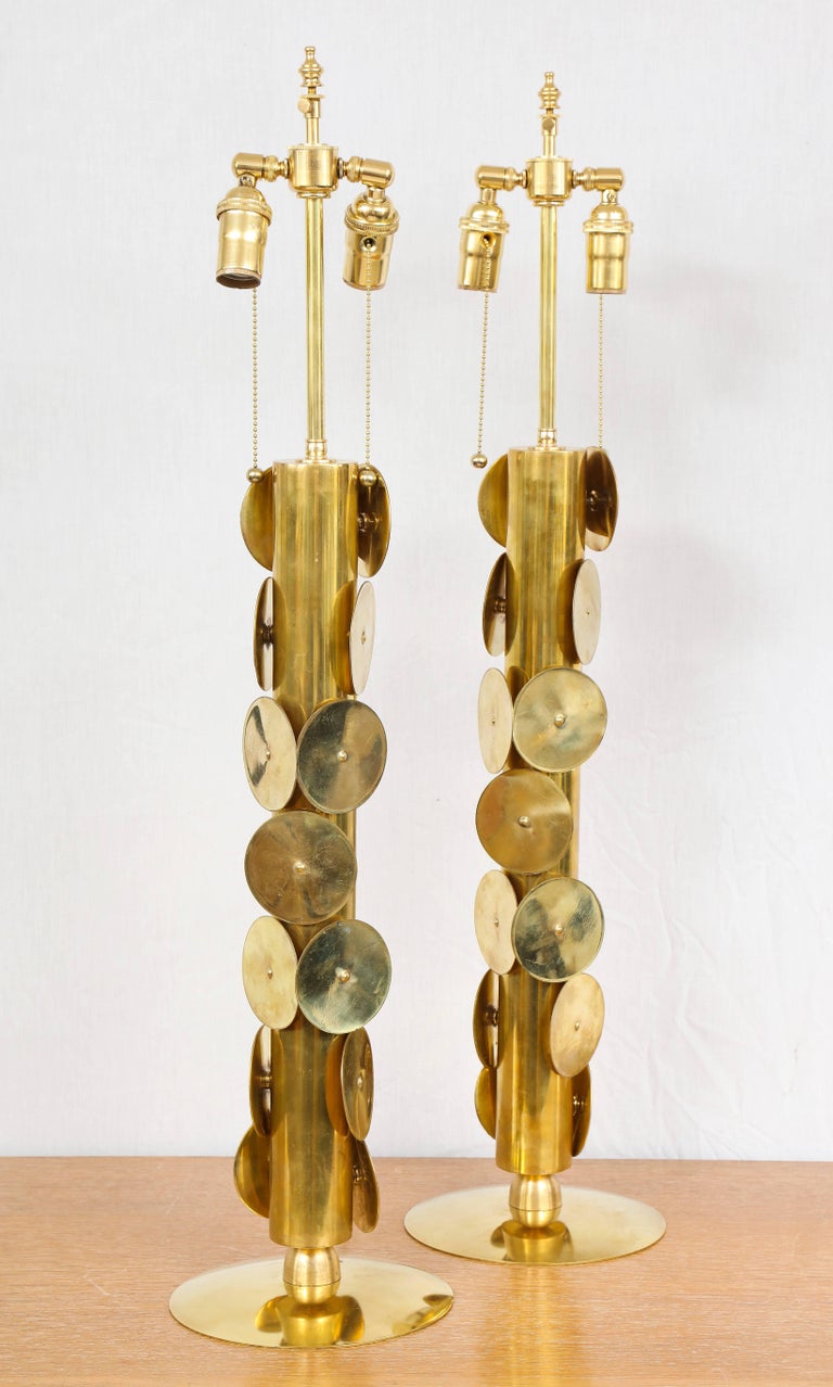Pair of Custom Brass Lamps with Circular Brass Discs For Sale at 1stDibs