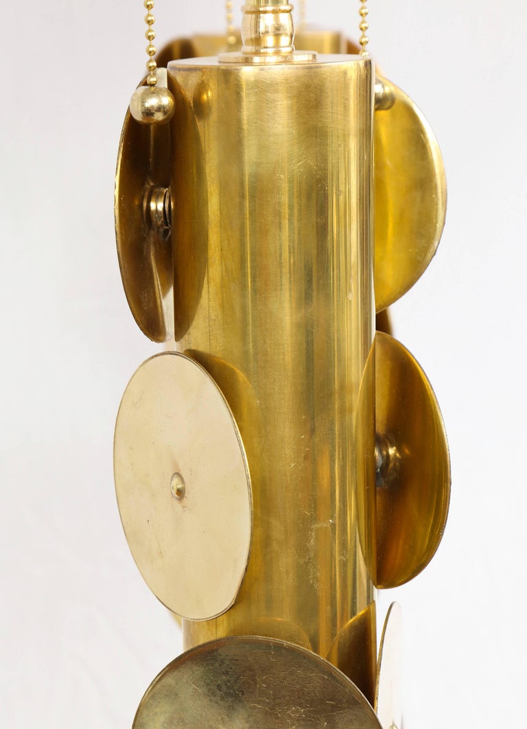 Pair of Custom Brass Lamps with Circular Brass Discs For Sale at 1stDibs