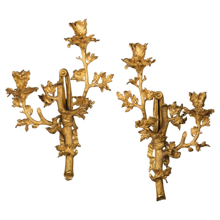 Unusual Pair of Gilt-Bronze Twin-Light Wall Appliques For Sale at 1stDibs