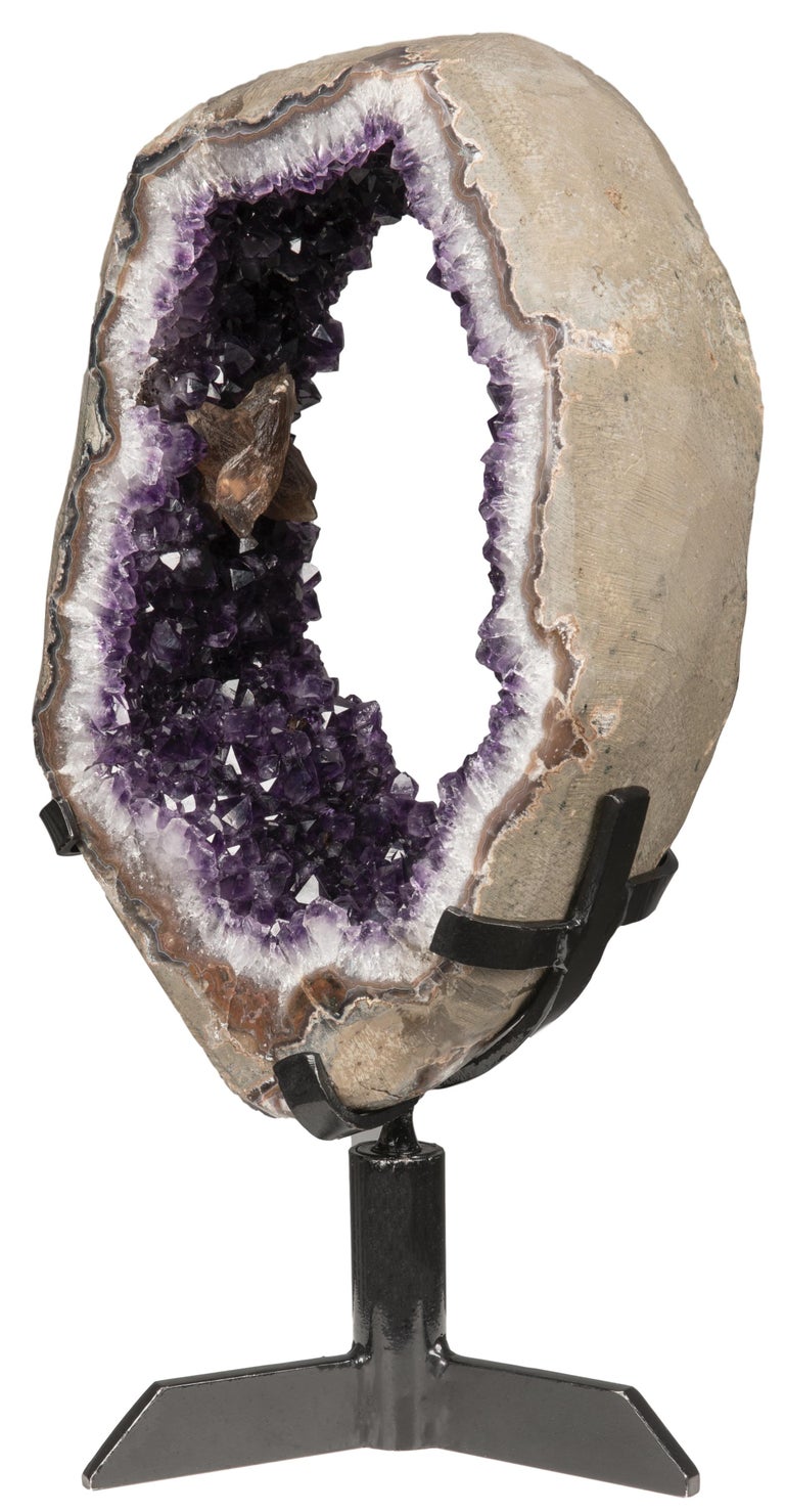Unusual Rotating Geode Slice with Amethyst Peaks and Calcite on Metal ...