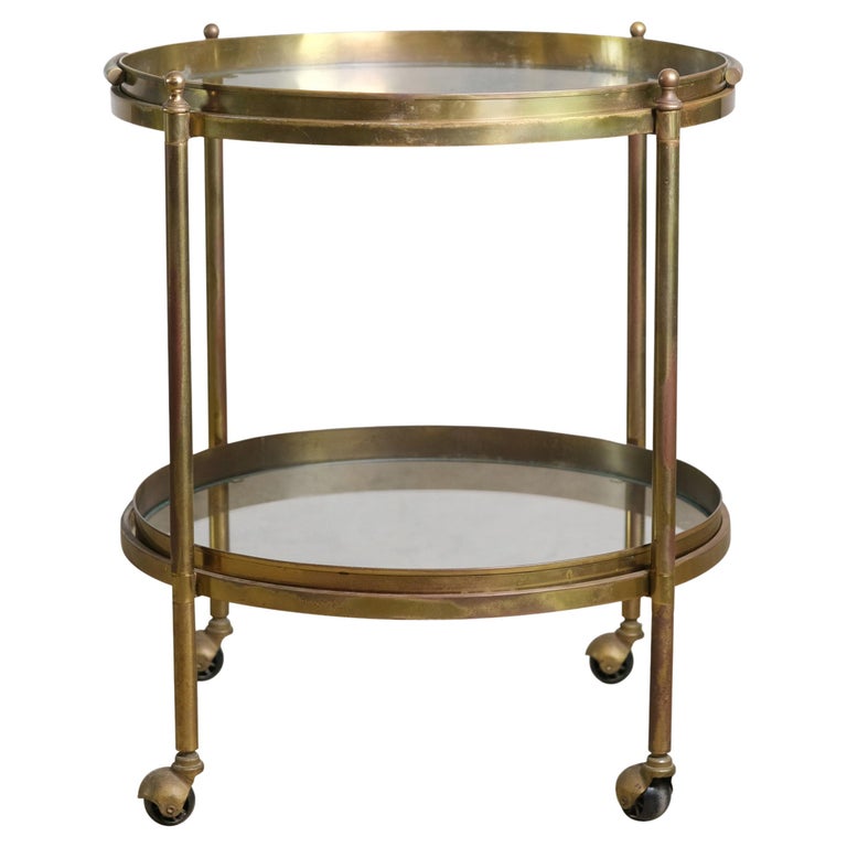 Unusual Round Brass, Glass Bar Cart Removable Top Tray For Sale at 1stDibs