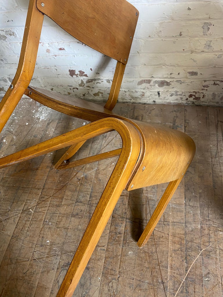 Unusual Set 6 Industrial Modernist Bauhaus Bent Plywood Stacking Chairs For Sale at 1stDibs