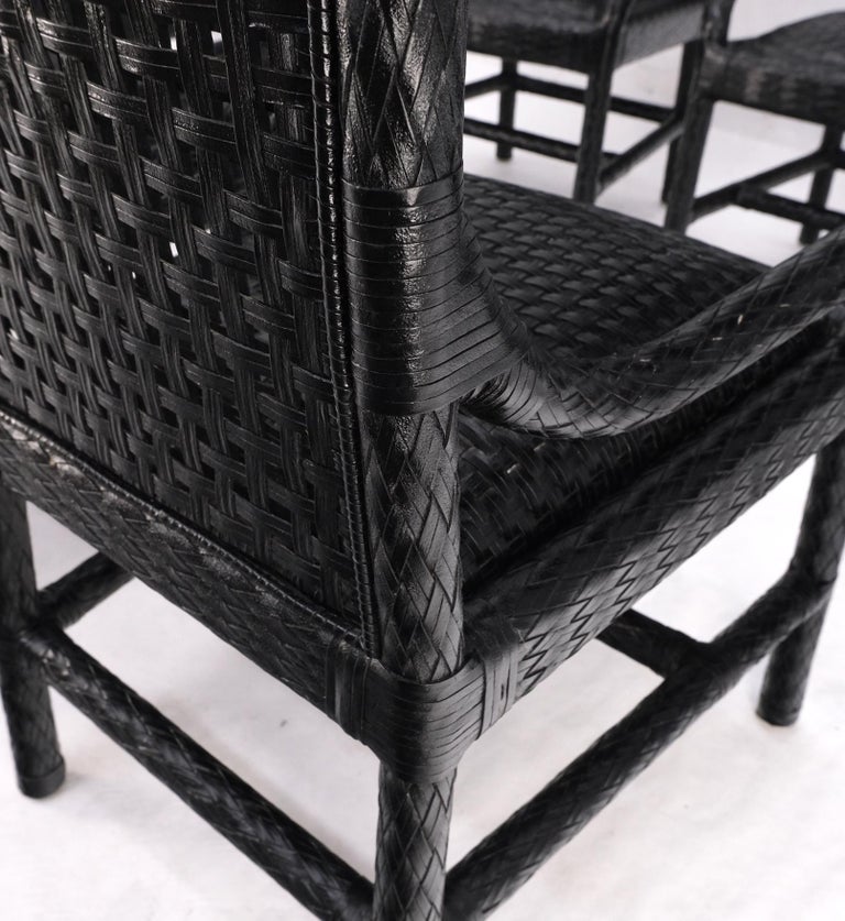 Unusual Set of 6 Black Leather Strap Weaved Dining Arm Chairs Mid ...