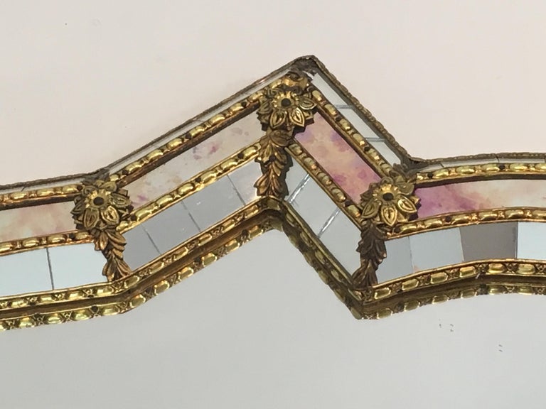 Unusual Shape Multi-Faceted Mirror with Mirrors Mosaics, Brass Flowers ...