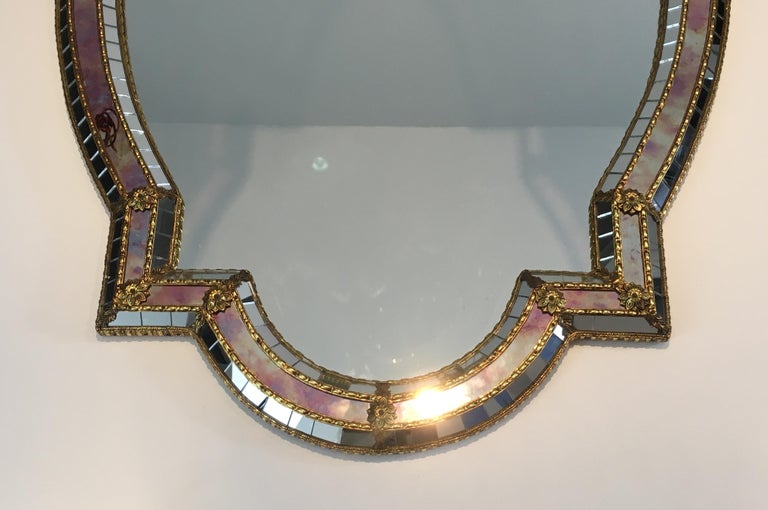 Unusual Shape Multi-Faceted Mirror with Mirrors Mosaics, Brass Flowers ...