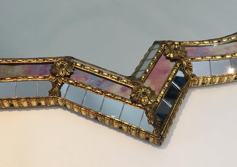 Unusual Shape Multi-Faceted Mirror with Mirrors Mosaics, Brass Flowers ...