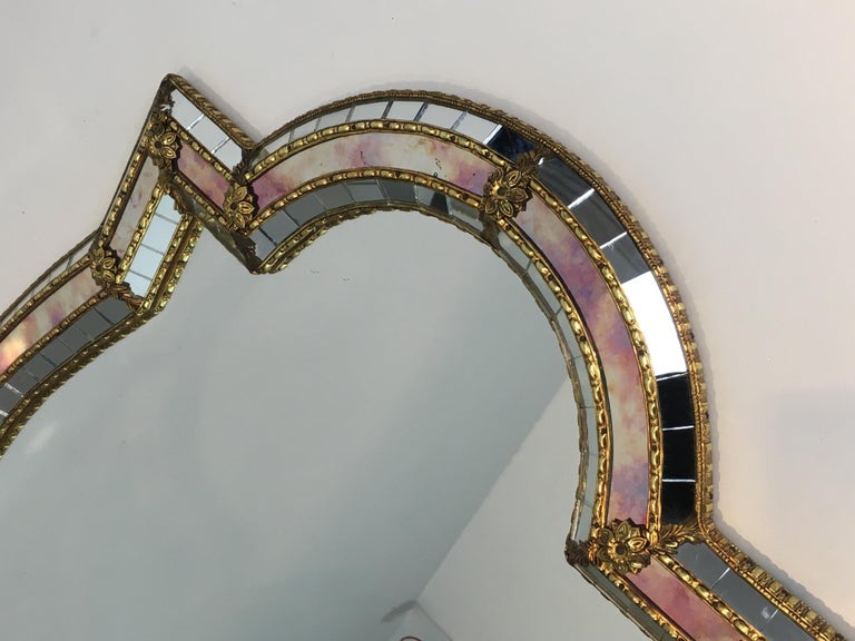Unusual Shape Multi-Faceted Mirror with Mirrors Mosaics, Brass Flowers ...