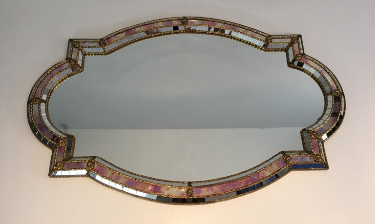 Unusual Shape Multi-Faceted Mirror with Mirrors Mosaics, Brass Flowers ...