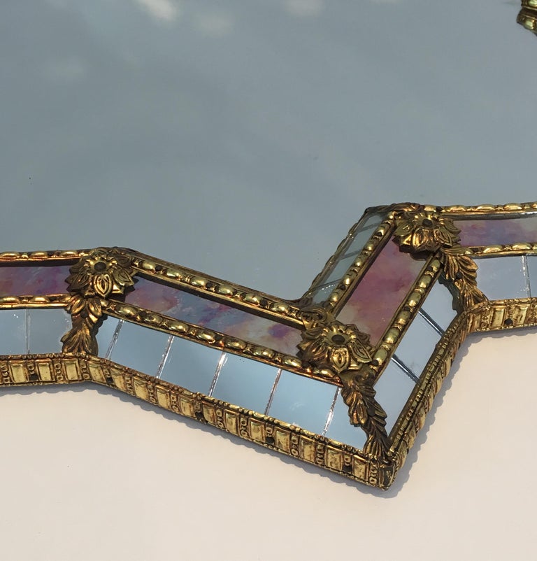 Unusual Shape Multi-Faceted Mirror with Mirrors Mosaics, Brass Flowers ...