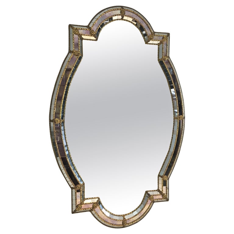 Unusual Shape Multi-Faceted Mirror with Mirrors Mosaics, Brass Flowers ...