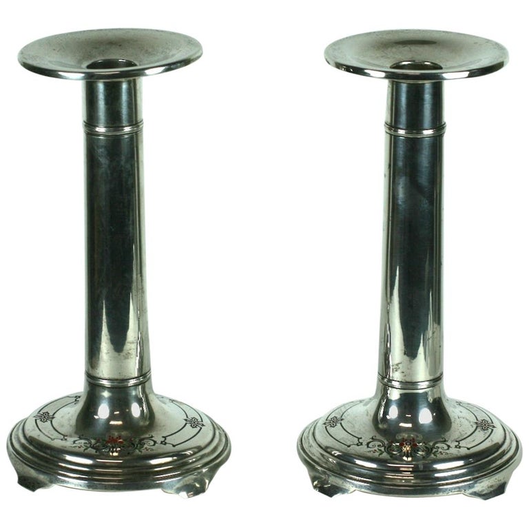 Unusual Sterling and Enamel Art Deco Candlesticks For Sale at 1stDibs