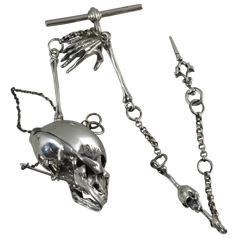 Unusual Sterling Silver Skull Pendant and Watch Chain For Sale at ...