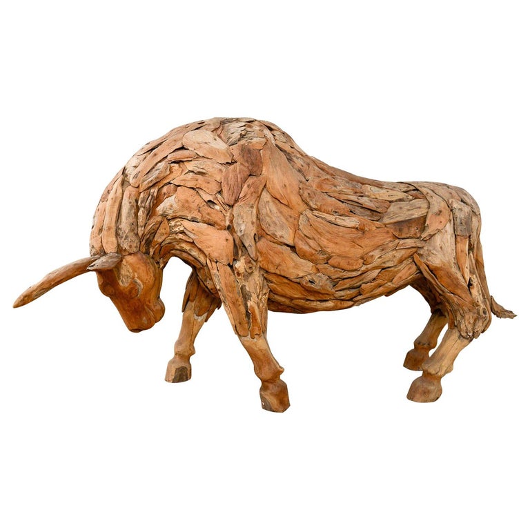 Unusual Teak Sculpture of Pawing Bull, 20th Century For Sale at 1stDibs