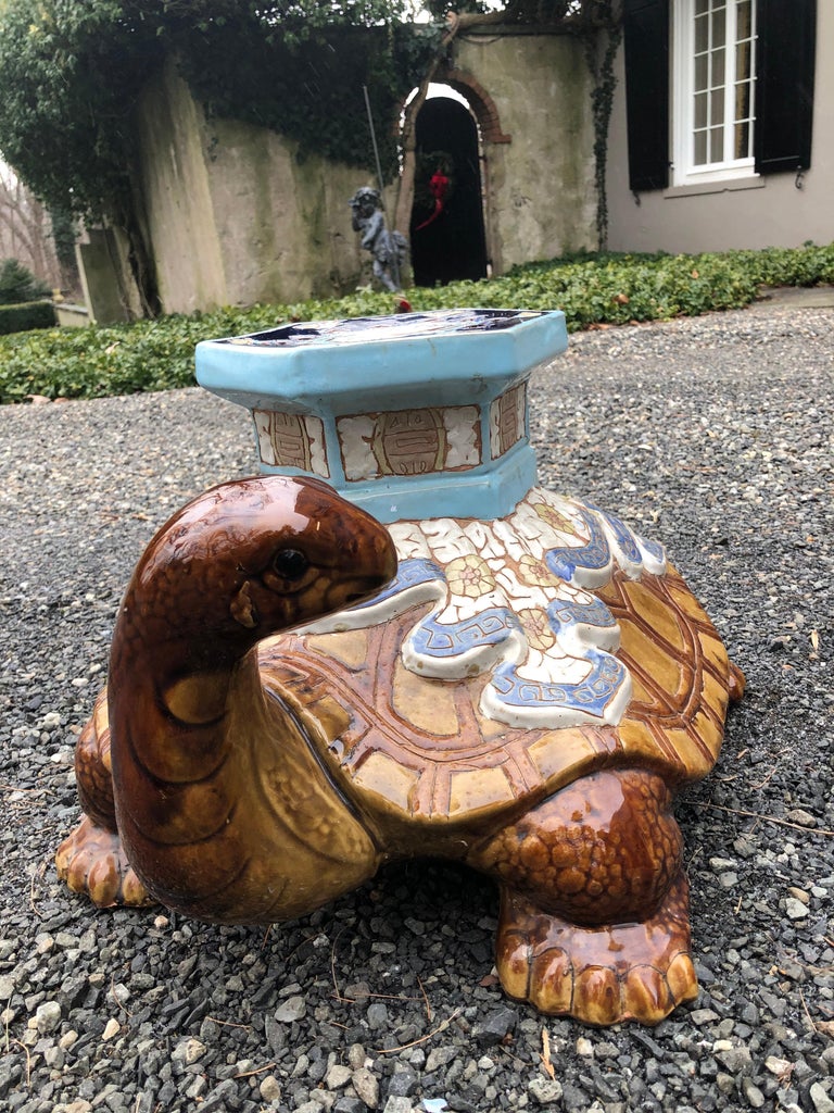 Unusual Vintage Ceramic Turtle Garden Seat End Table For Sale at 1stDibs