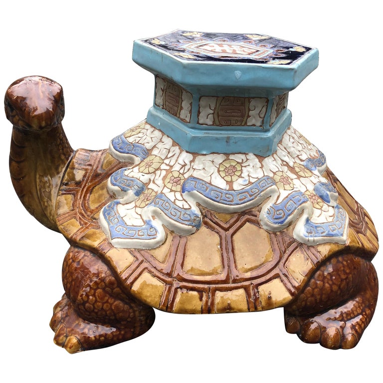 Unusual Vintage Ceramic Turtle Garden Seat End Table For Sale at 1stDibs