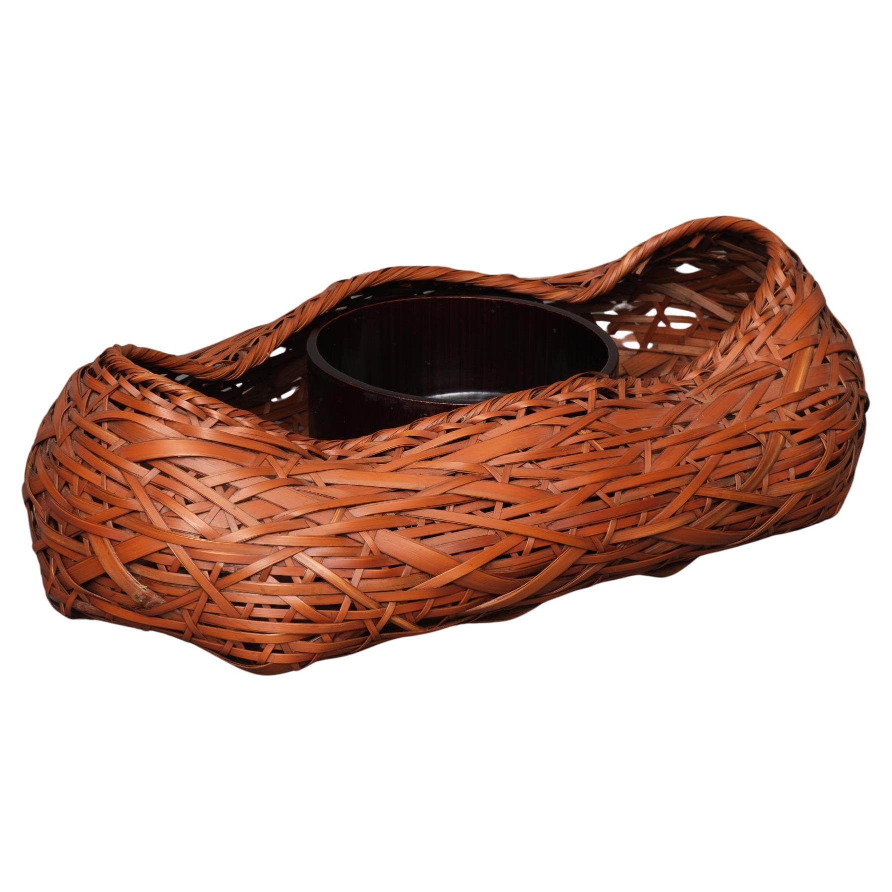 Unusually-shaped Japanese wickerwork bamboo ikebana basket 花籠 (hanakago ...
