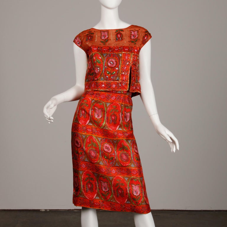 Unworn 1960s Oleg Cassini Vintage Silk + Sequin Embellished Cocktail ...