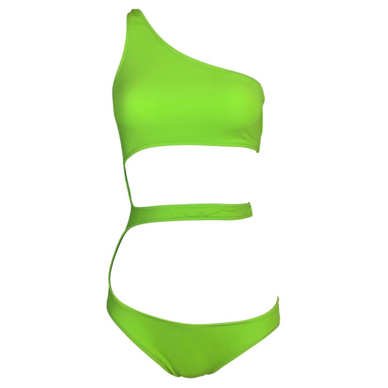 Unworn 1990's Norma Kamali Neon Green Cut-Out Monokini Swimsuit ...