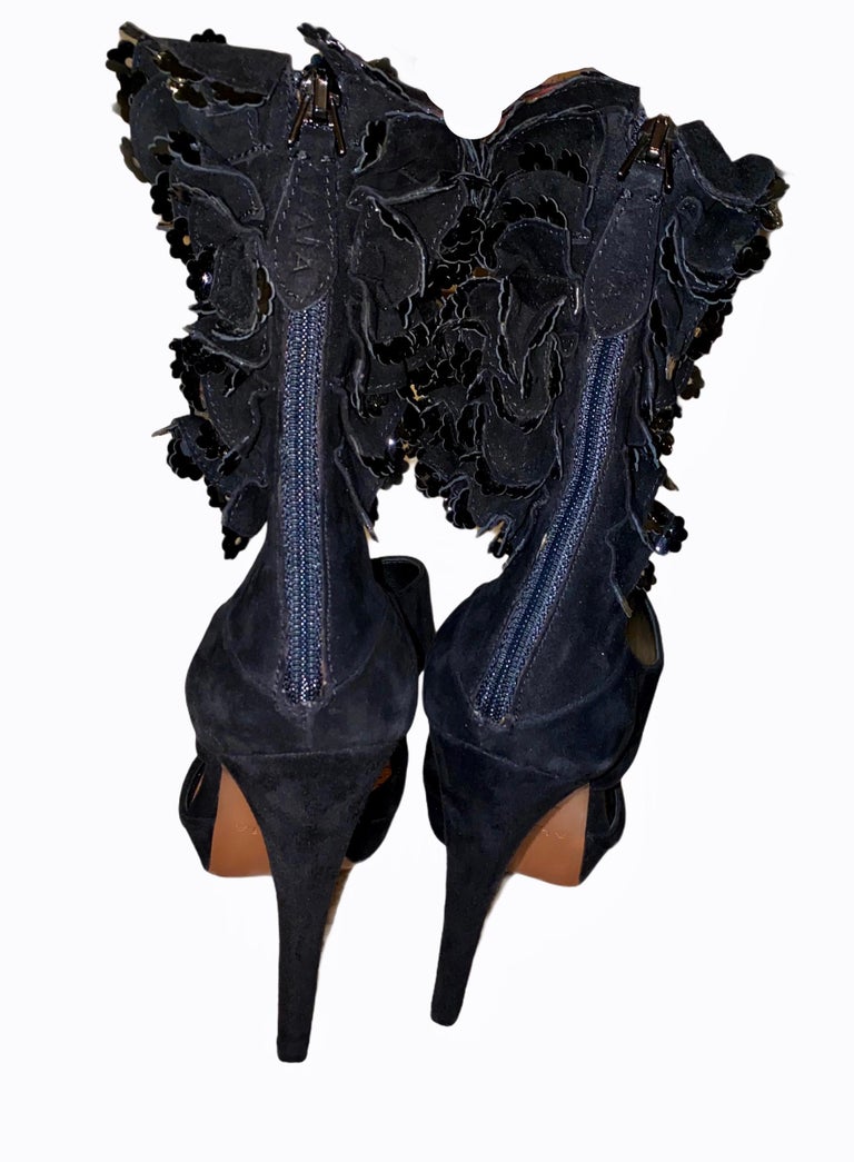 UNWORN Alaia Black Suede Ruffle Platform Ankle Sandals High Heels 38 ...