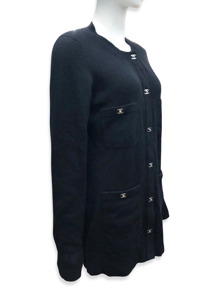 Unworn Chanel Black Cashmere Long Cardigan Sweater in Silver CC Turn ...