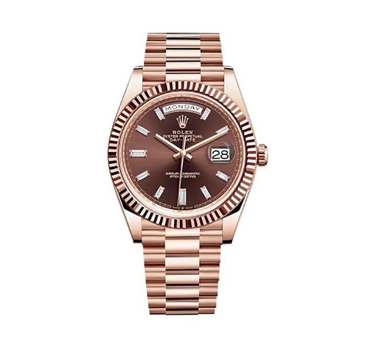 Unworn Rolex Daydate 40 18k Rose Gold Chocolate Baguette Diamond Dial ...