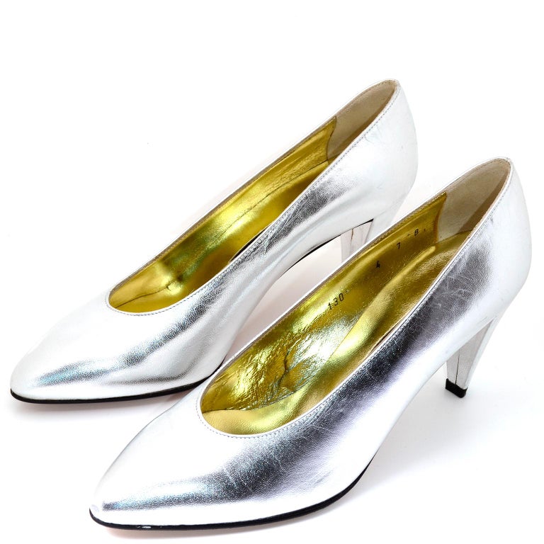 Unworn Walter Steiger Vintage Silver Metallic Shoes W 3 Inch Heels Size ...