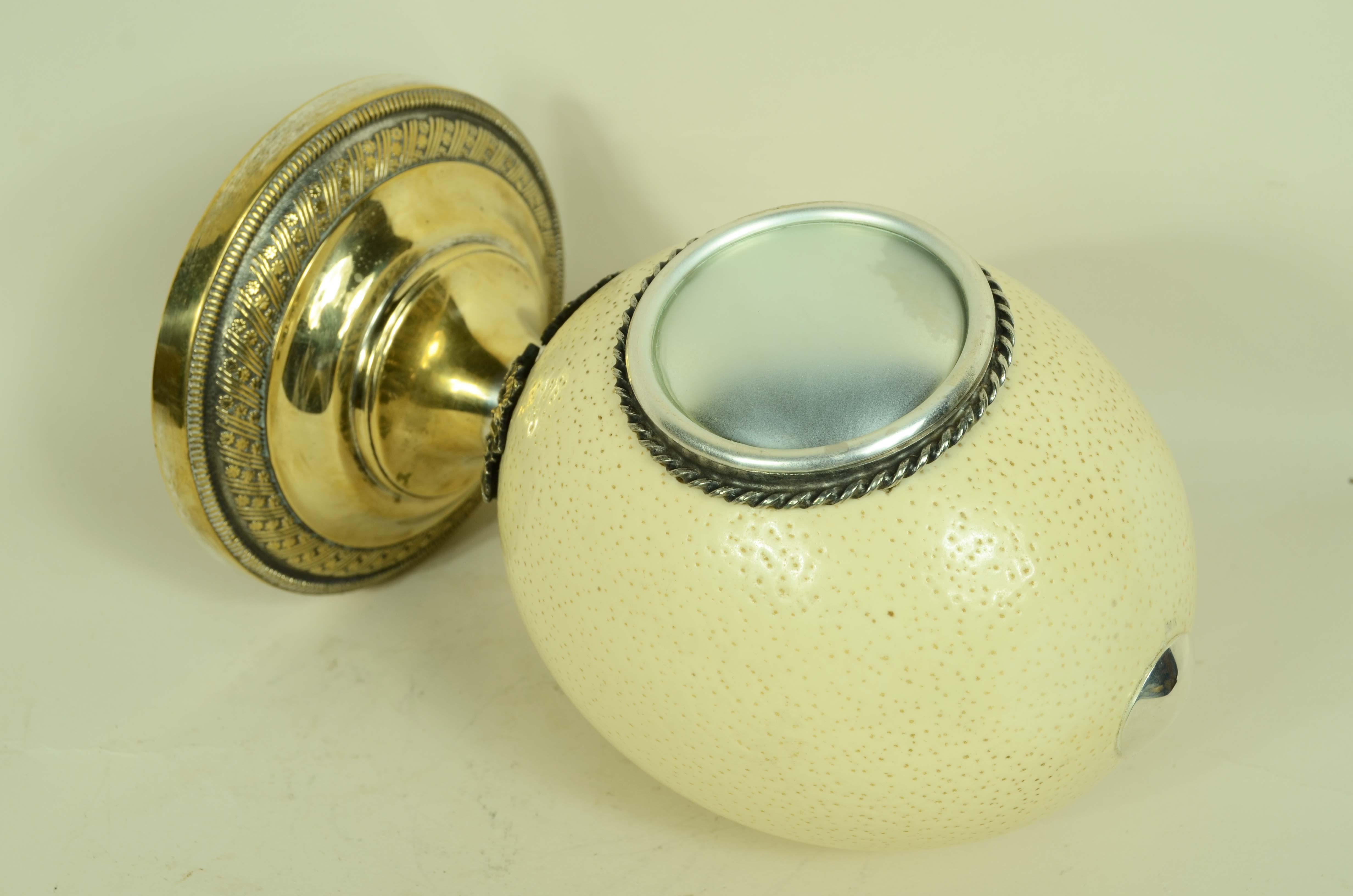Ostrich egg on round brass base worked and silvered Italy early 1900s ...
