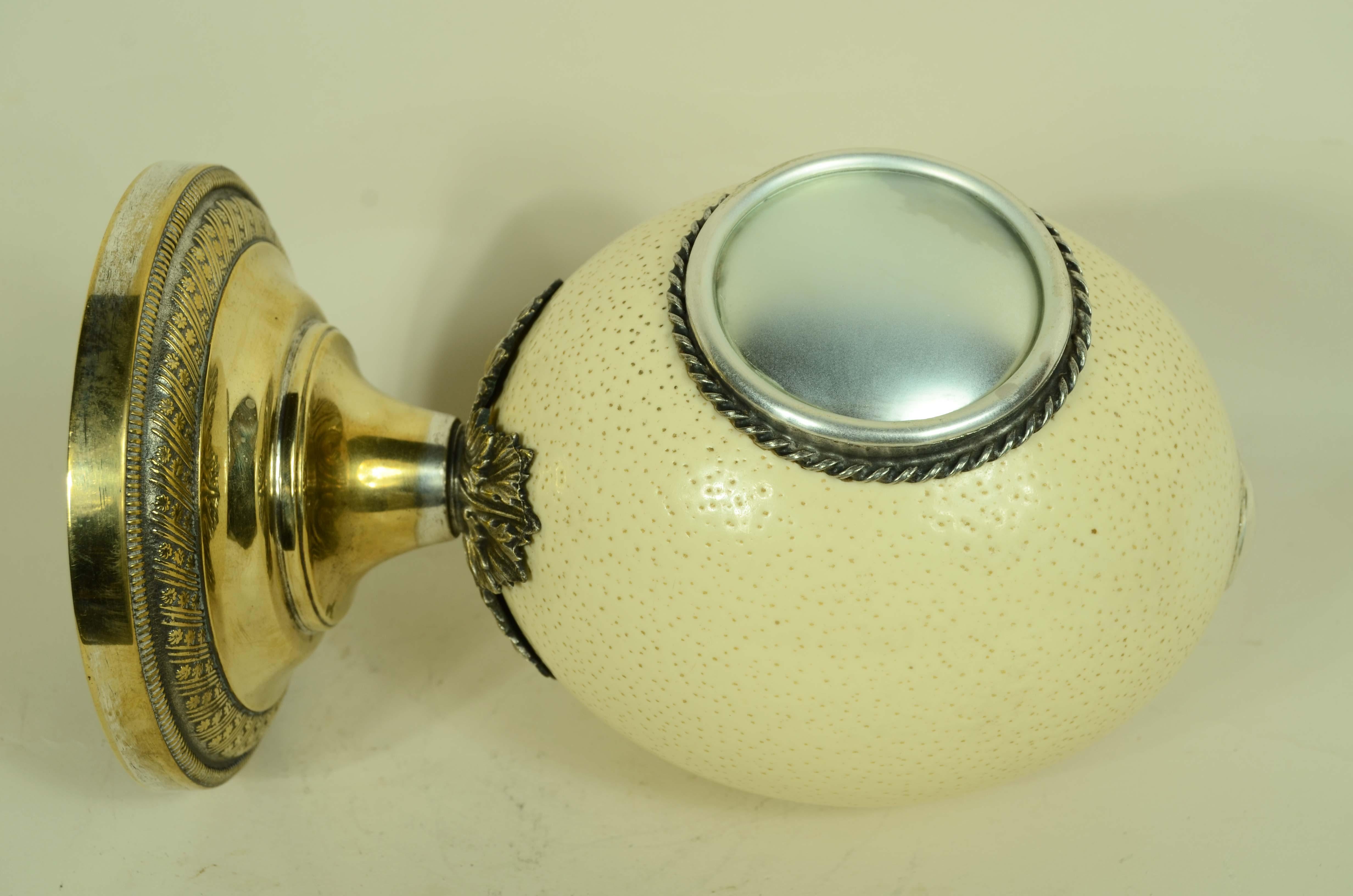 Ostrich egg on round brass base worked and silvered Italy early 1900s ...