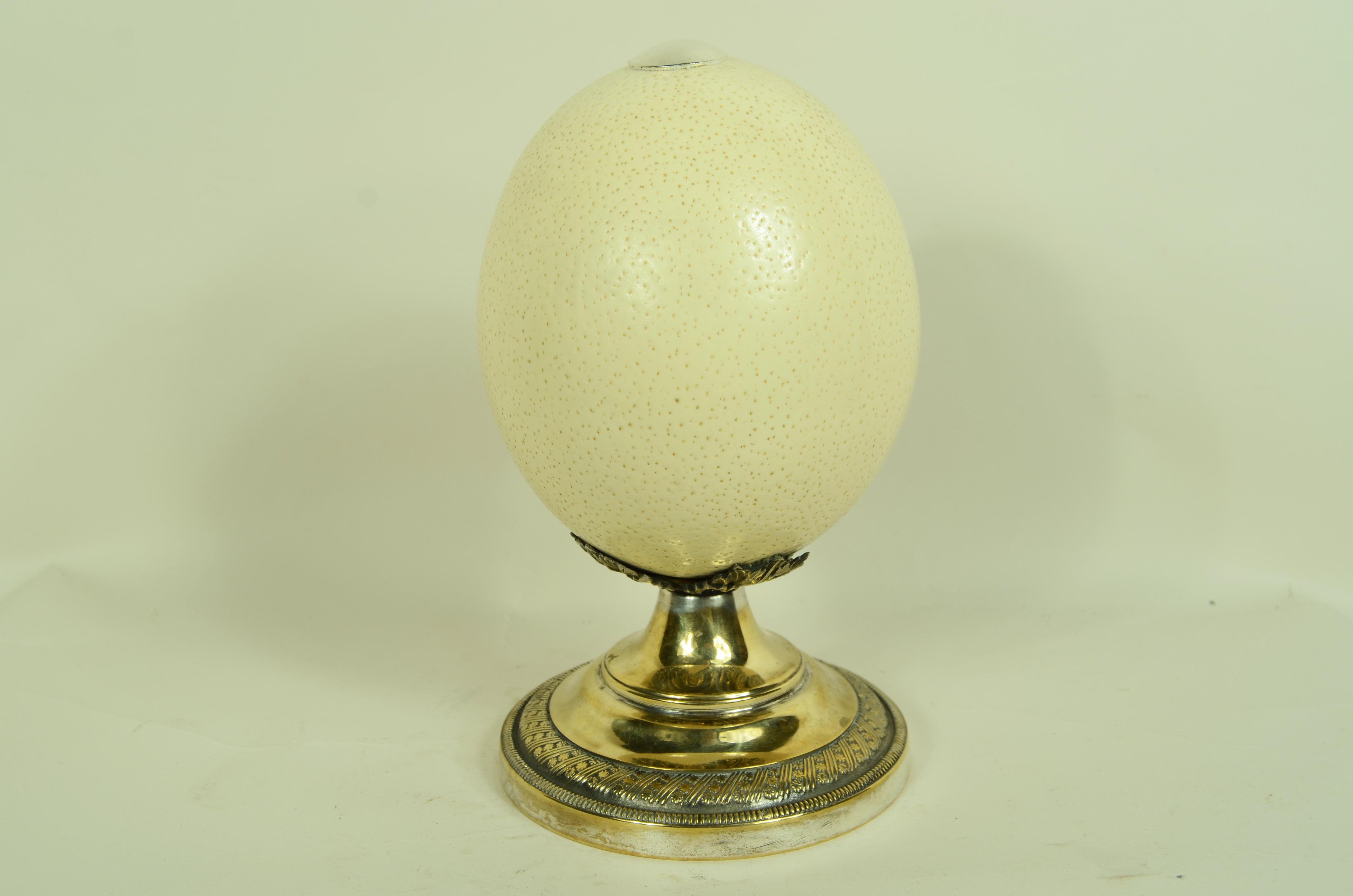Ostrich egg on round brass base worked and silvered Italy early 1900s ...