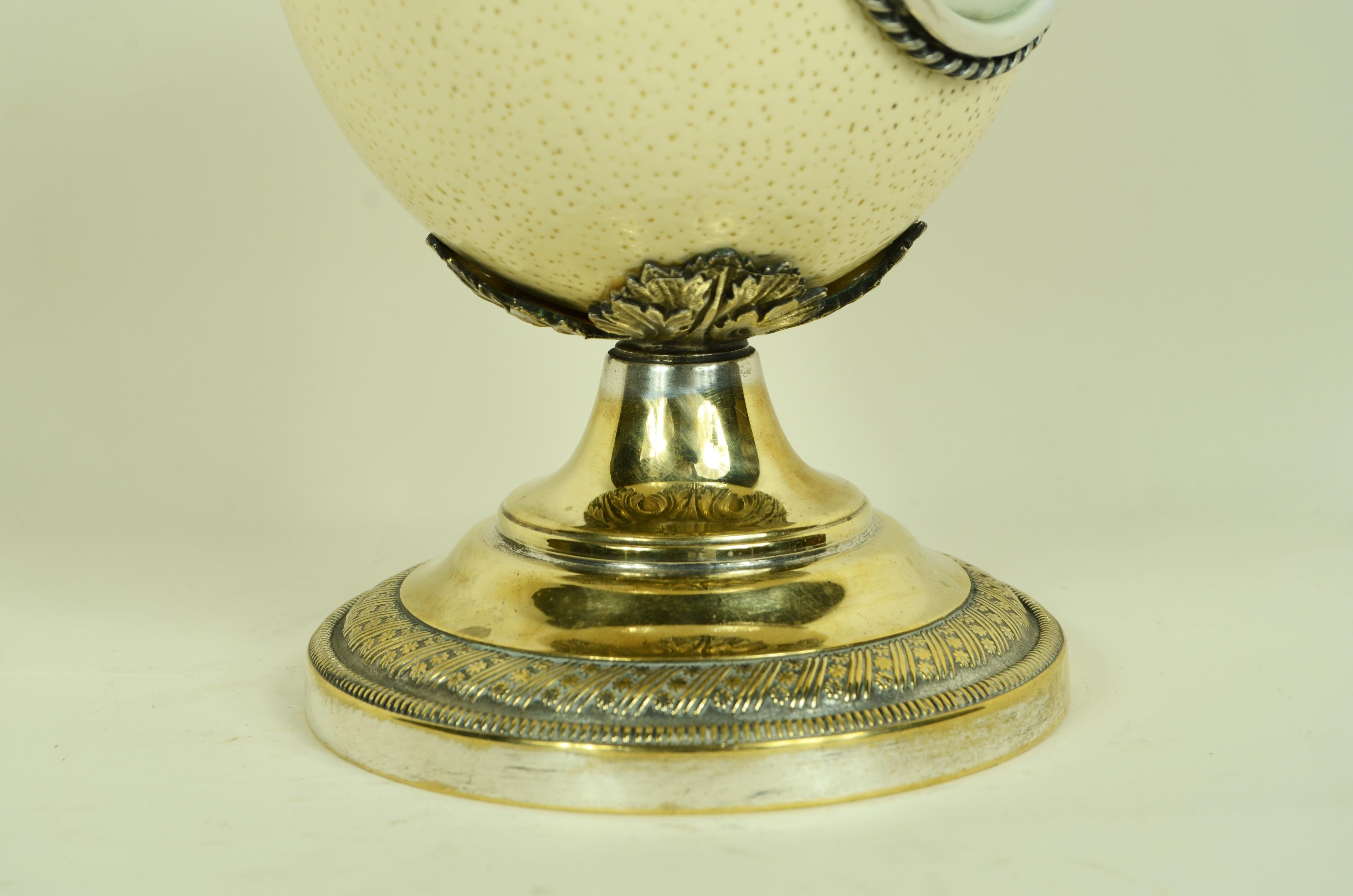 Ostrich egg on round brass base worked and silvered Italy early 1900s ...