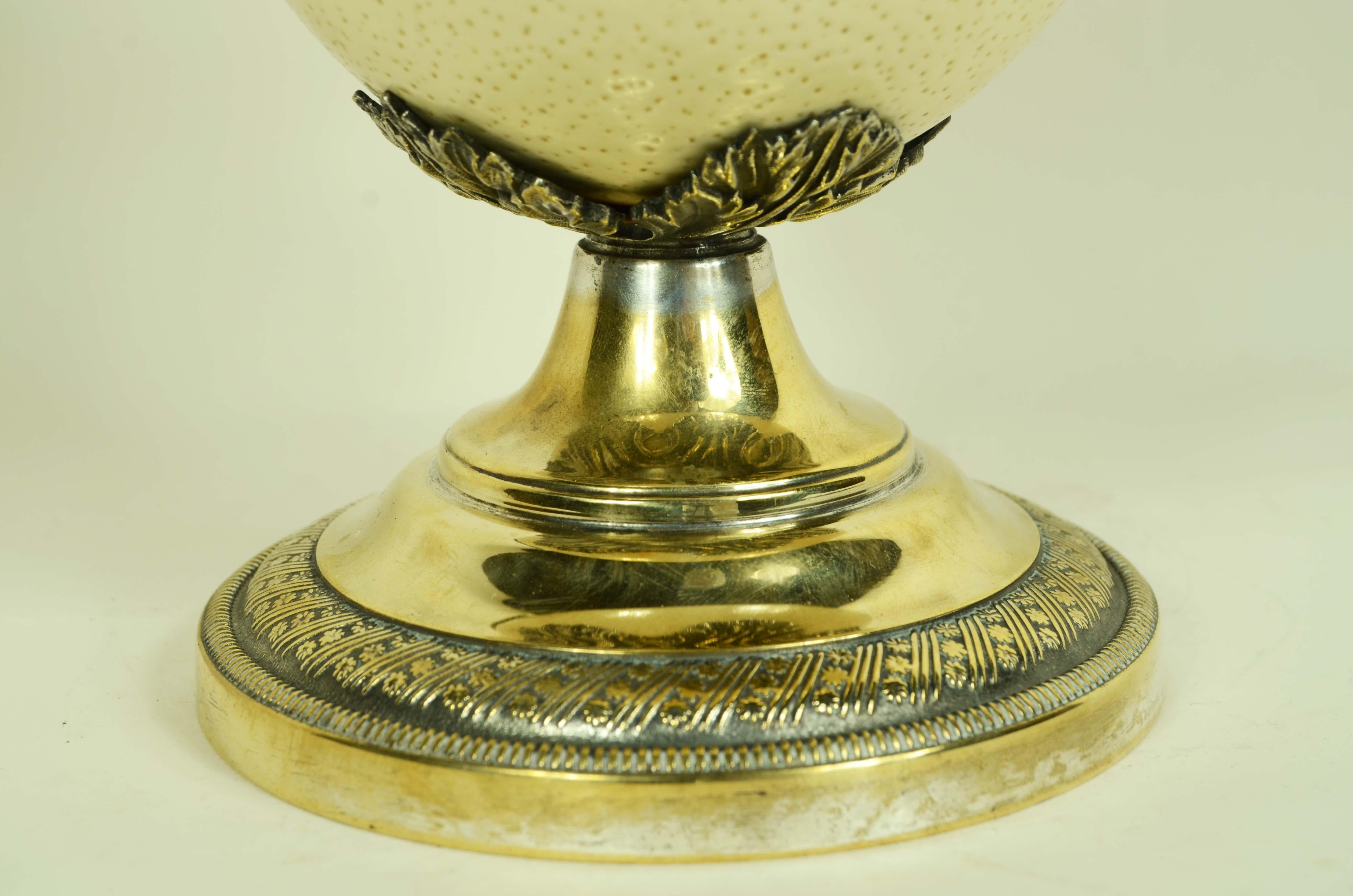 Ostrich egg on round brass base worked and silvered Italy early 1900s ...