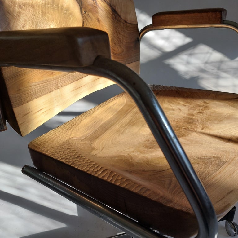 Upcycled Swivel Chair, Hand Carved Walnut Wood and 70s Original Vintage ...