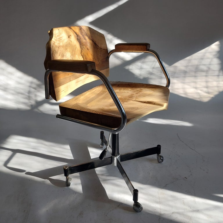 Upcycled Swivel Chair, Hand Carved Walnut Wood and 70s Original Vintage ...