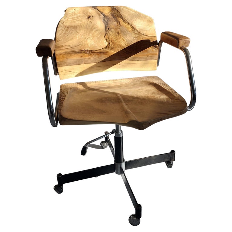 Upcycled Swivel Chair, Hand Carved Walnut Wood and 70s Original Vintage ...
