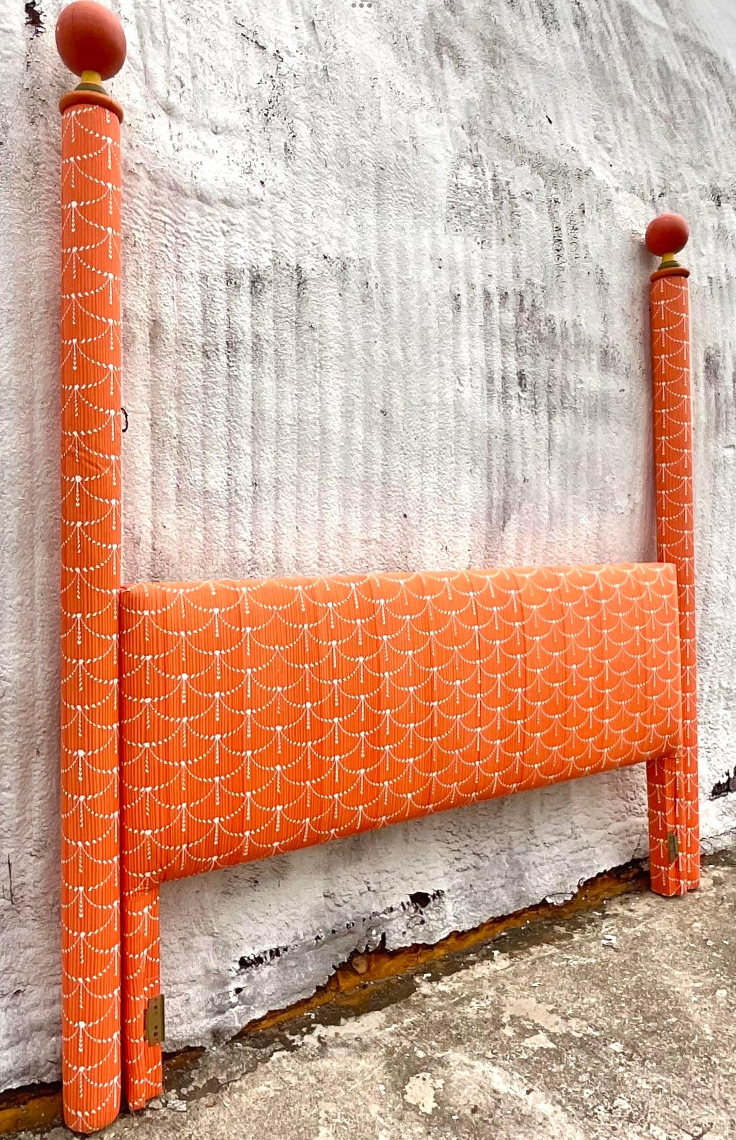 Upholstered King Headboard With Hand Painted Cannon Ball Finials For ...