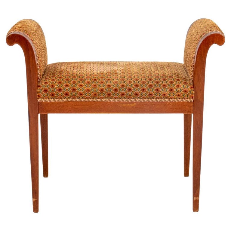 Upholstered Mahogany Bench with Roll over Arms For Sale at 1stDibs