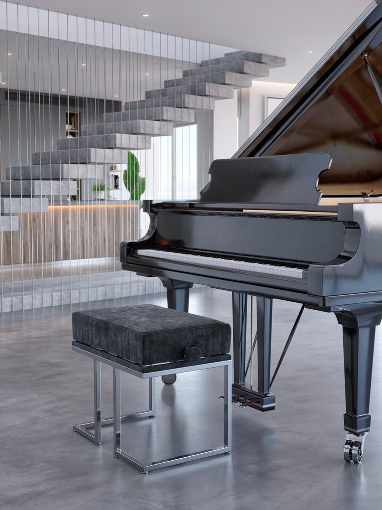 Upholstered Piano Bench Plated in Gloss Chrome. Height Adjustable Piano ...