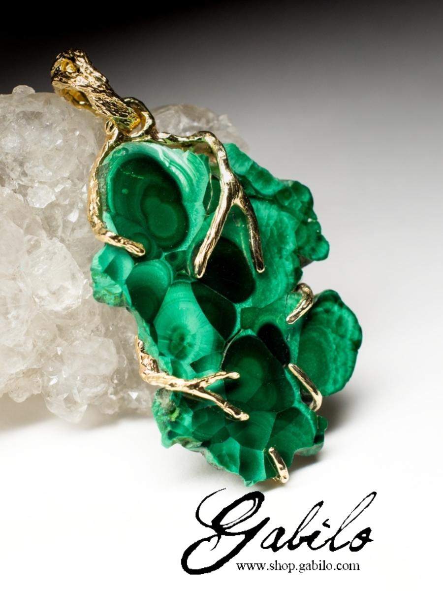 Malachite Necklace Gold Rare Natural Stone Clover Deep Green Unisex ...