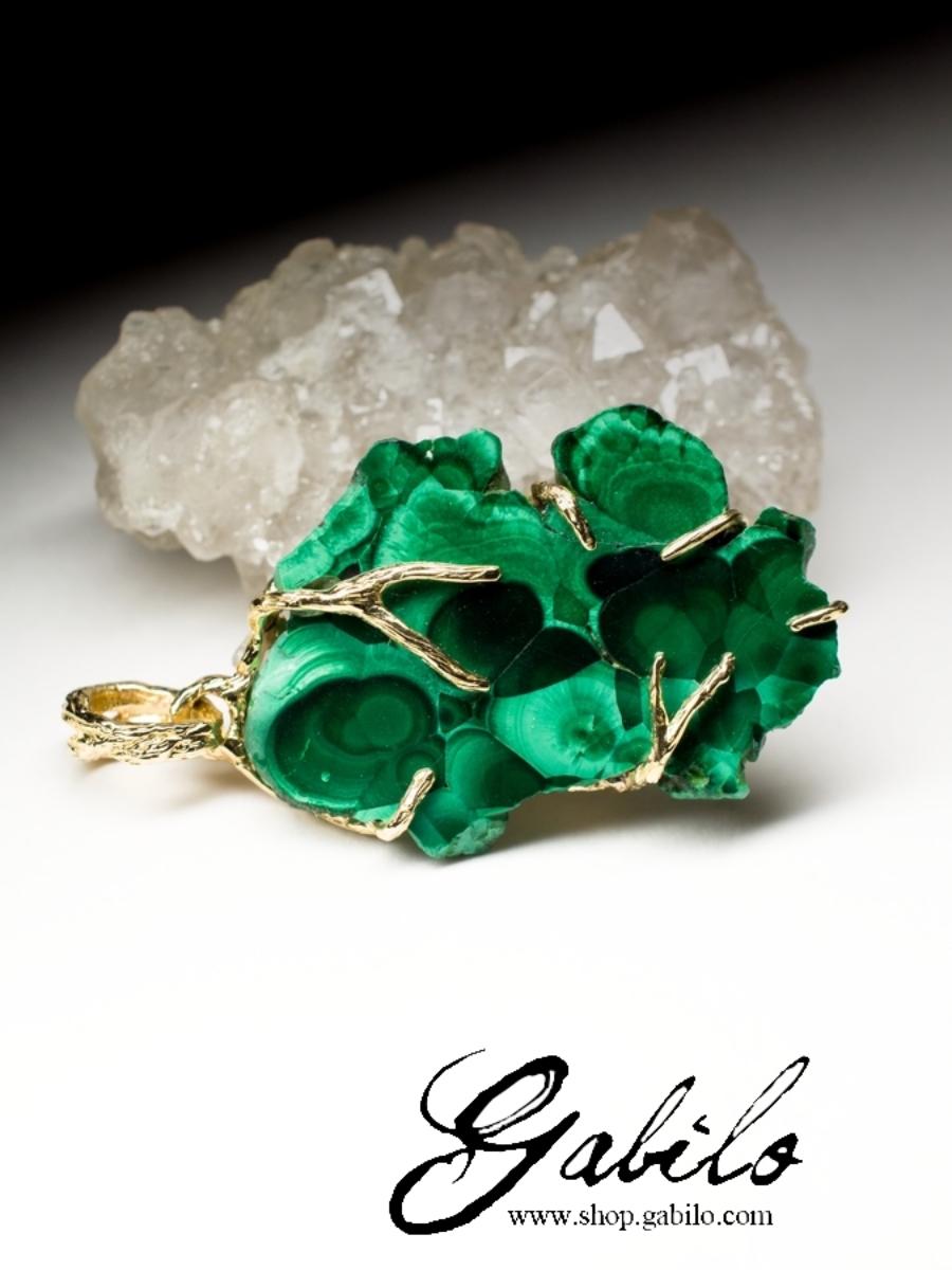 Malachite Necklace Gold Rare Natural Stone Clover Deep Green Unisex ...