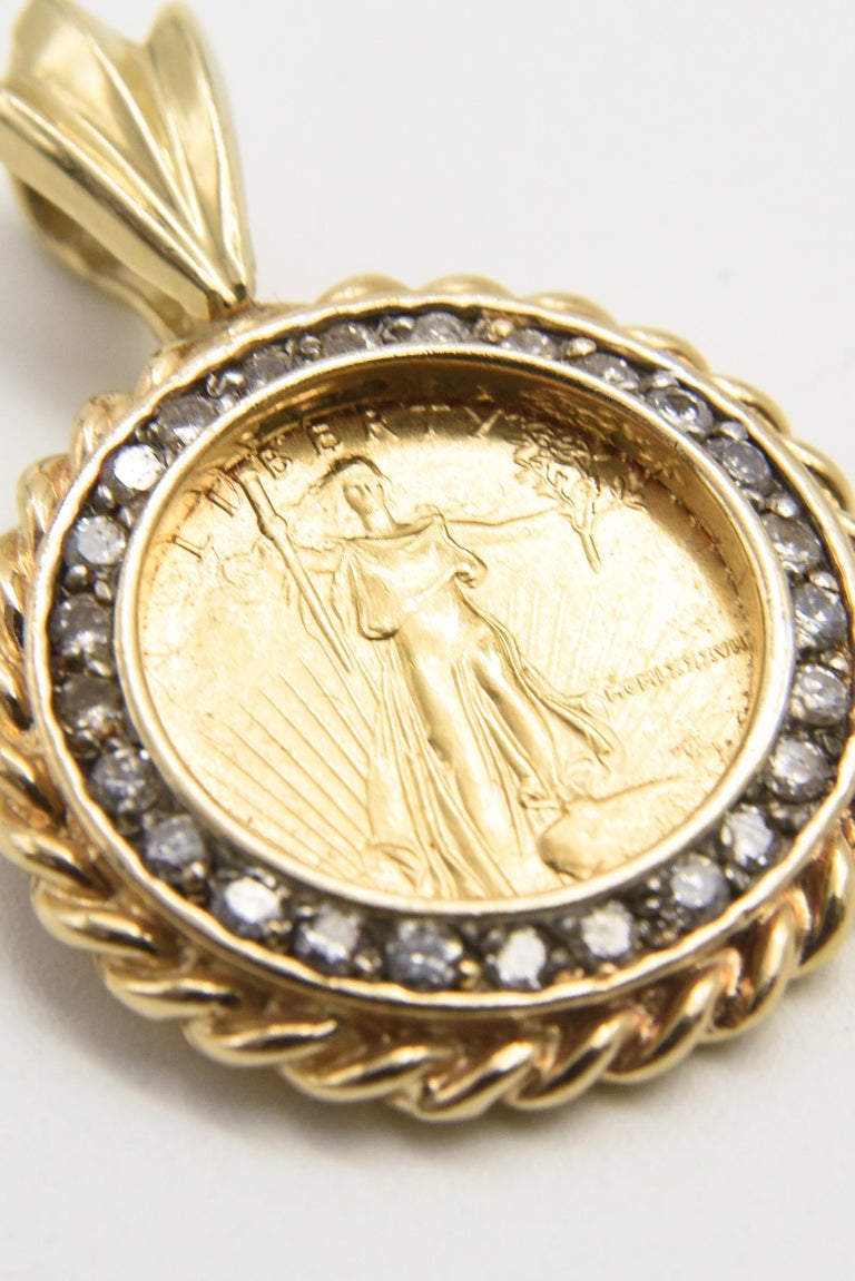 US Liberty Coin Diamond Necklace Gold Pendant Charm For Sale at 1stDibs