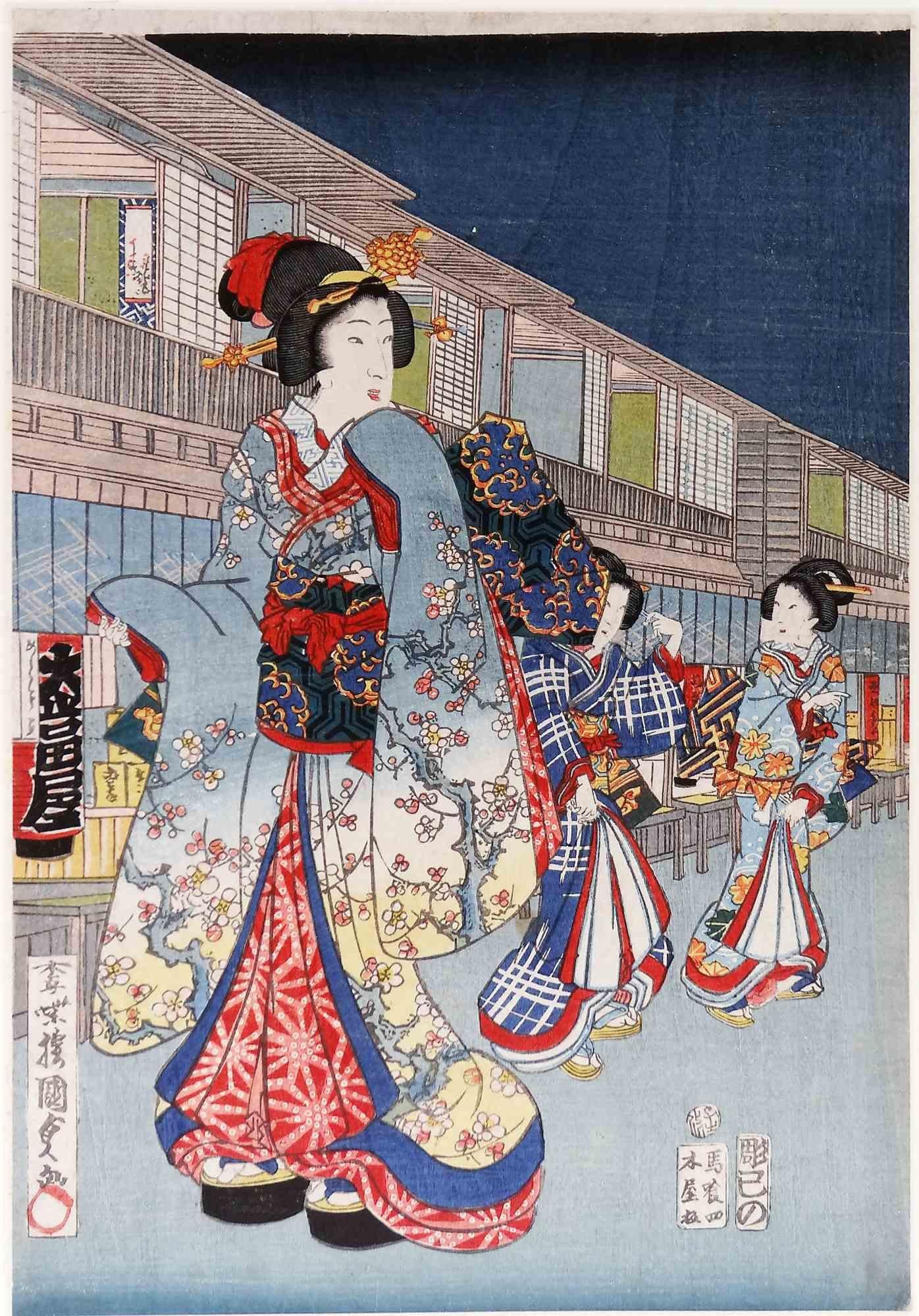 Utagawa Kunisada (Toyokuni III) - Geisha in the Town - Woodcut by ...