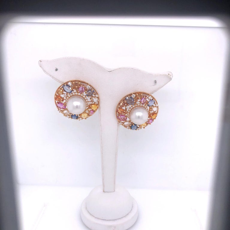 Utopia Rose Gold Pearl Sapphire and Diamond Earrings at 1stDibs