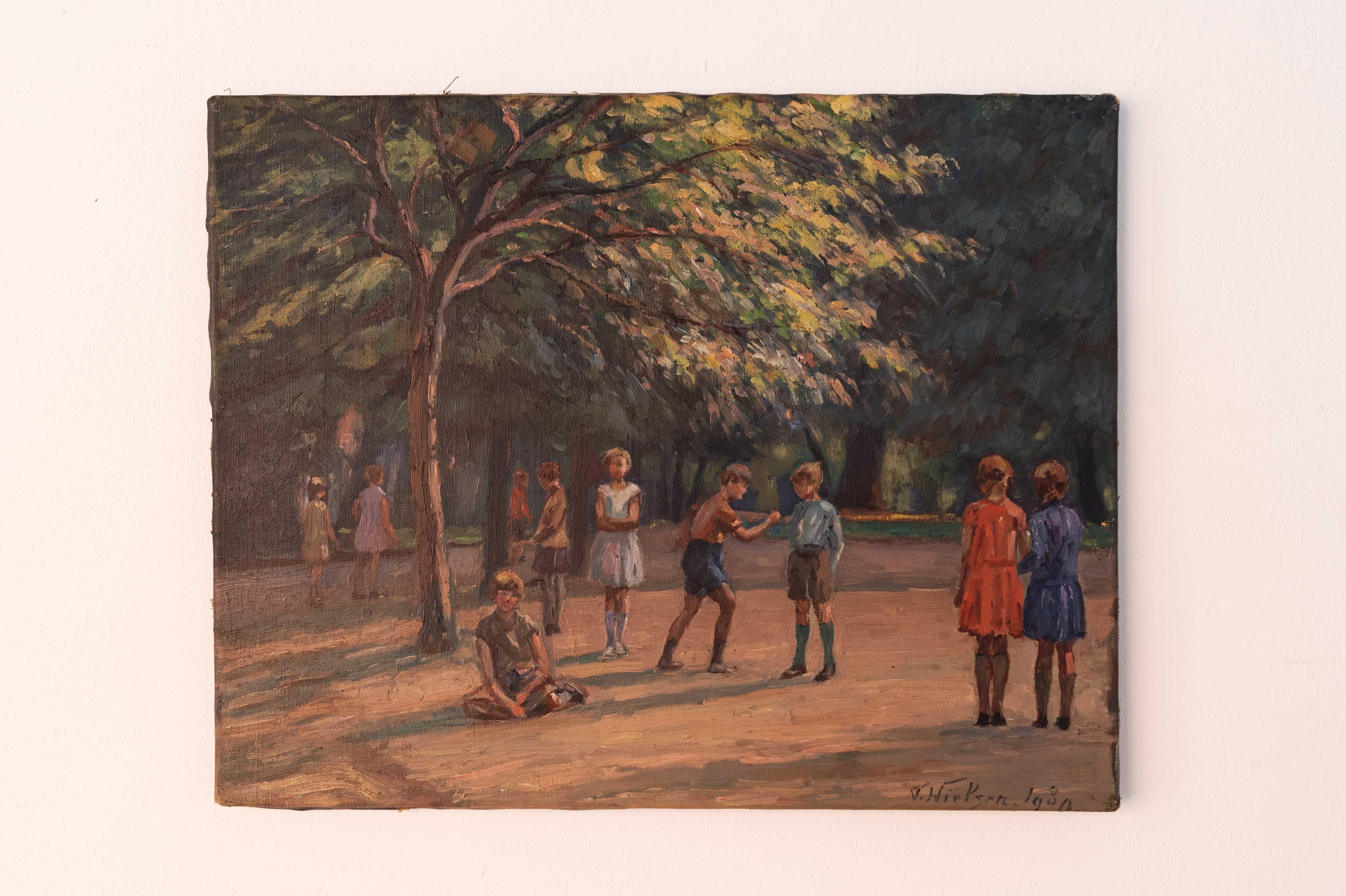 V. Nielsen - Danish oil on canvas painting of children playing in the ...