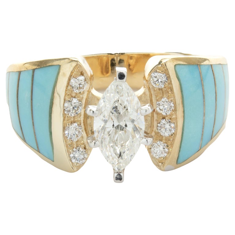 Vaio 14 Karat Yellow Gold Marquise Diamond and Turquoise Inlay Ring at ...