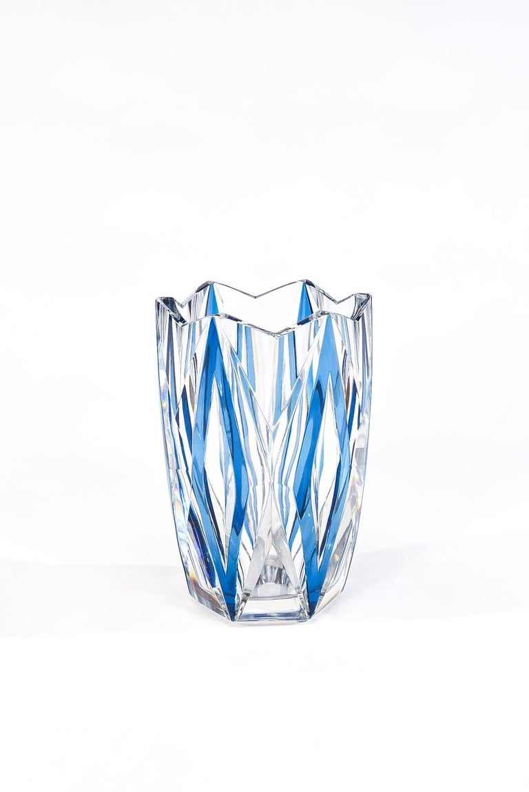 Val Saint Lambert Art Deco Crystal Vase Turquoise Cut to Clear Diamond ...
