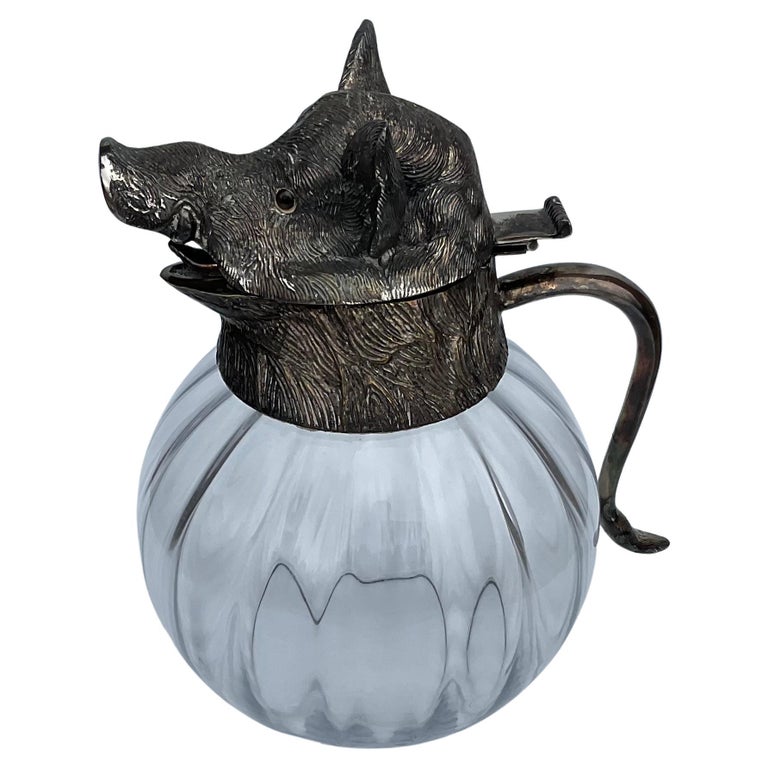Valenti Spain Boar Head Pitcher in Glass and Silver Plate Signed as ...