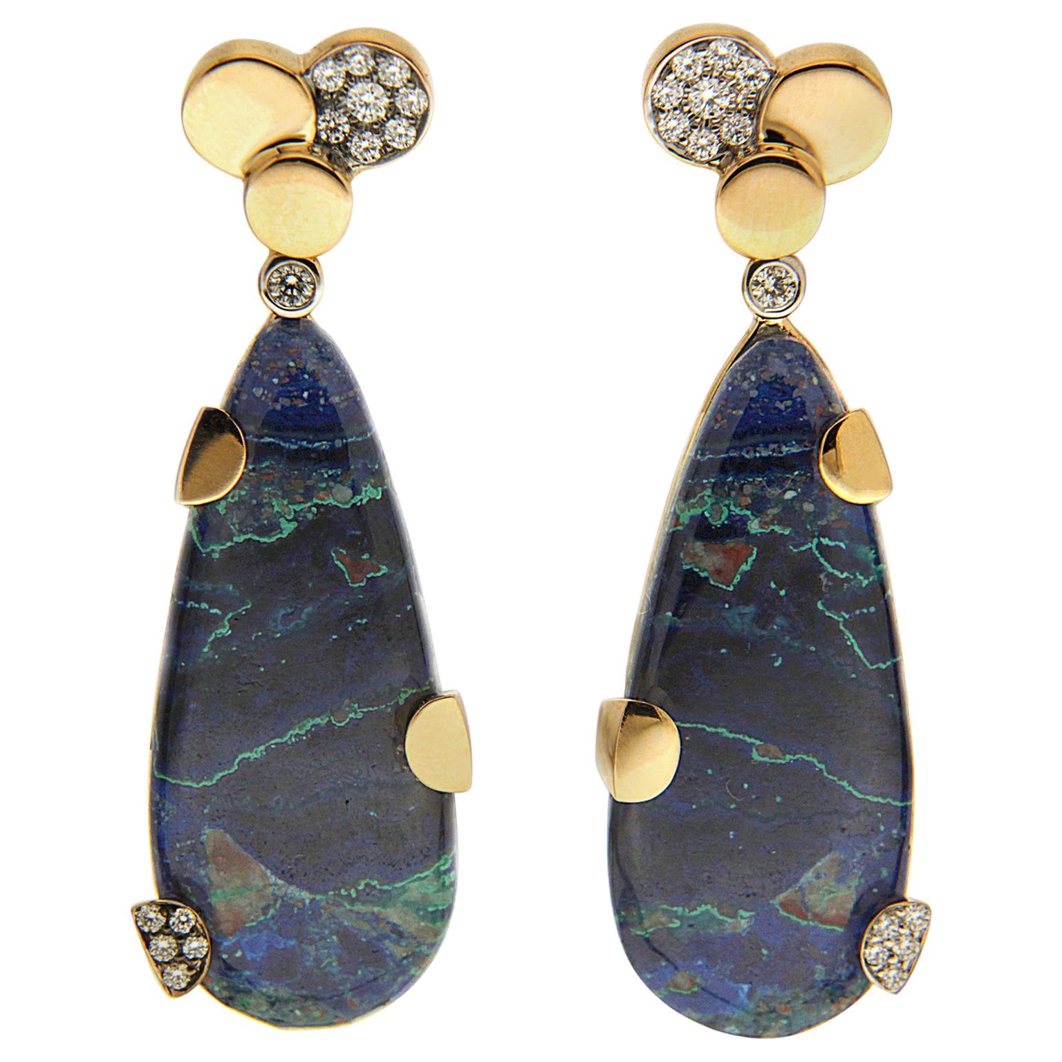 Azurite Malachite Diamond Gold Dangle Earrings at 1stDibs
